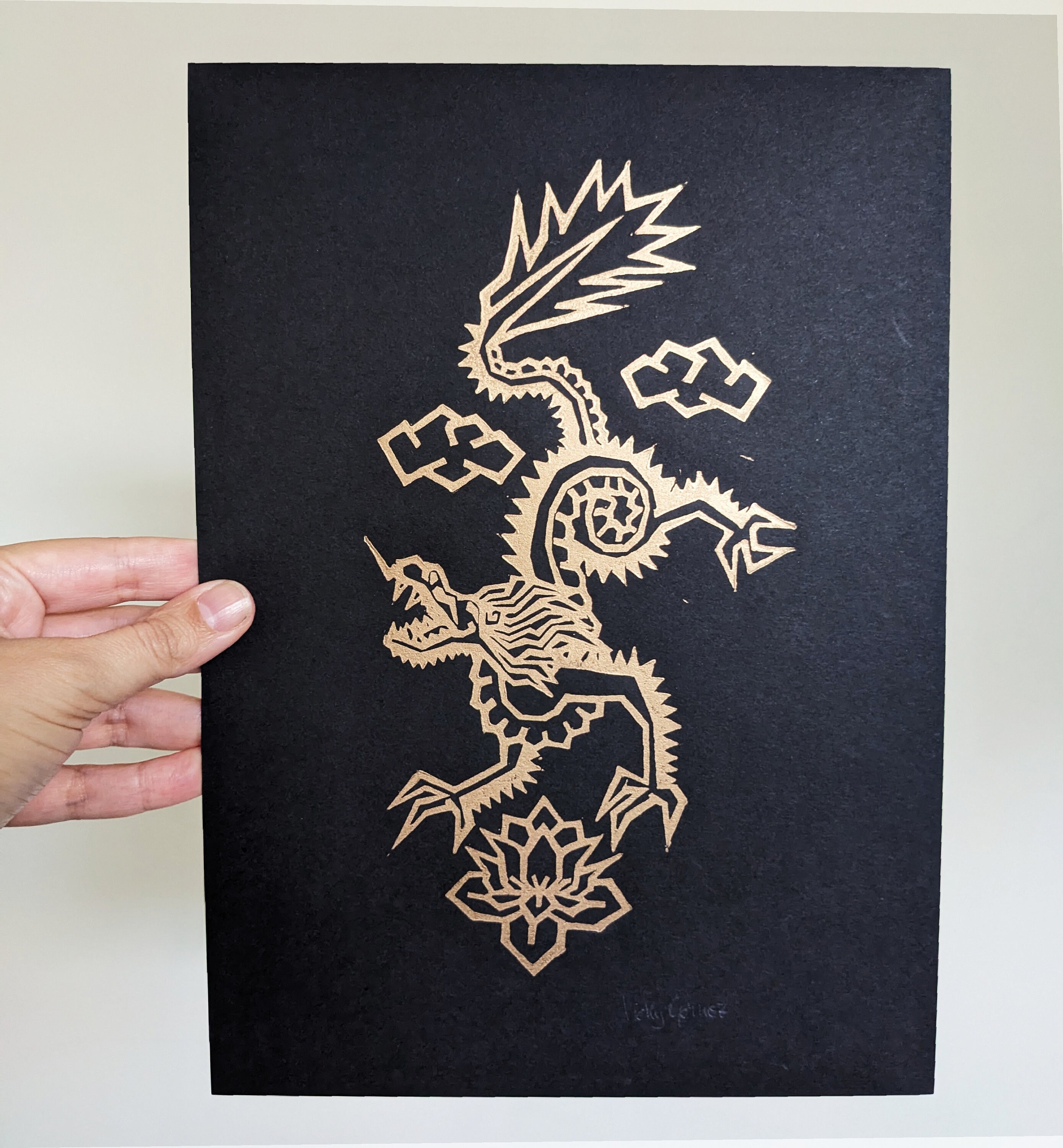 Dragon Original Linocut Print in Gold - Etsy