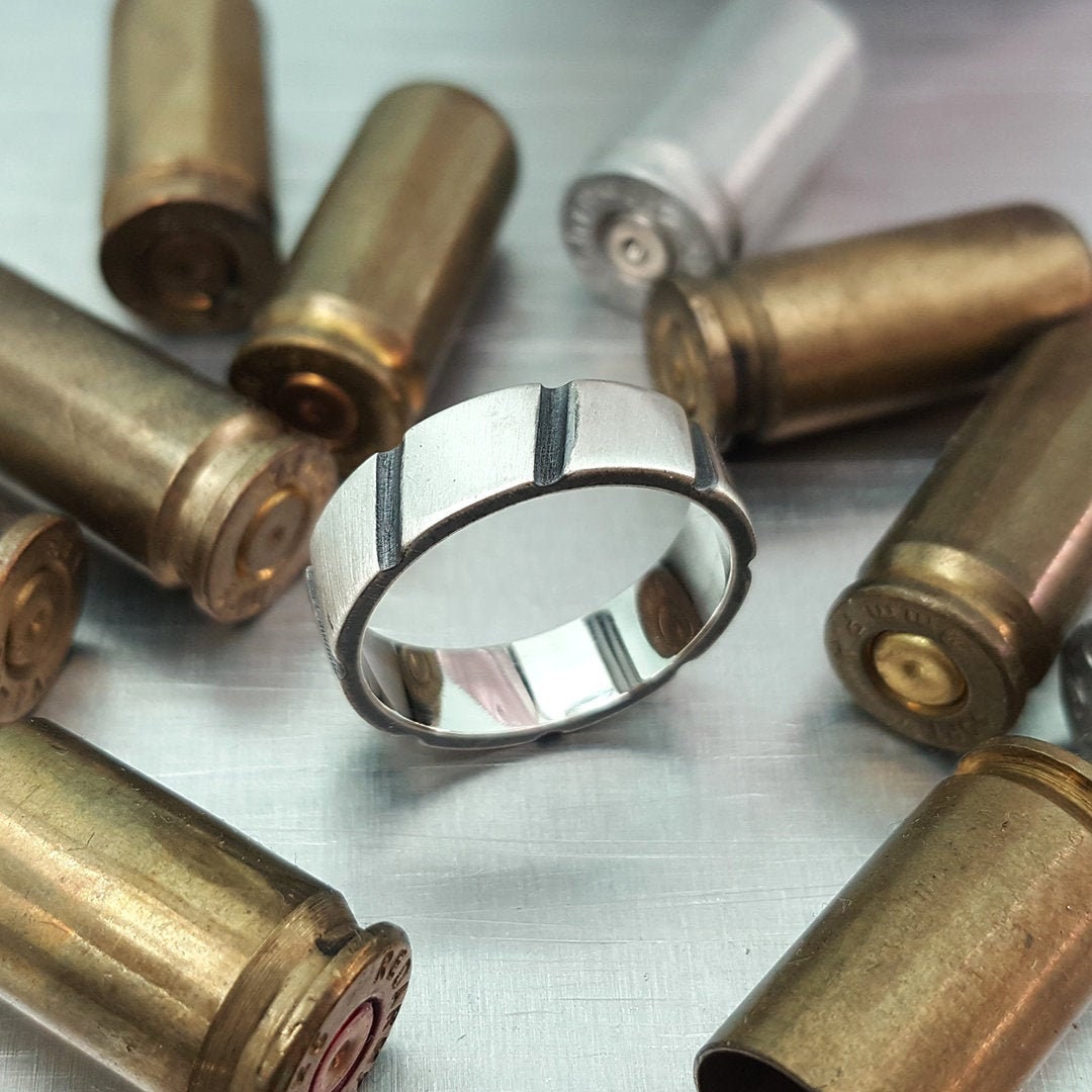 Bullet Ring - Groove Gun Barrel Rifling Oxidized Silver Band, Hunting ...