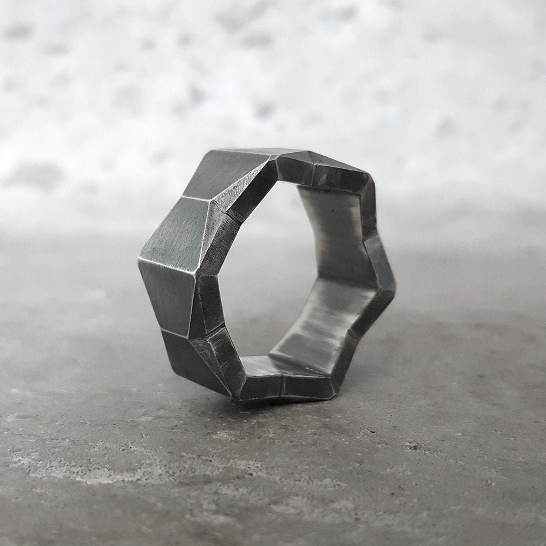 Cyber Ring Cyberpunk Heavy Faceted Silver Band Large - Etsy