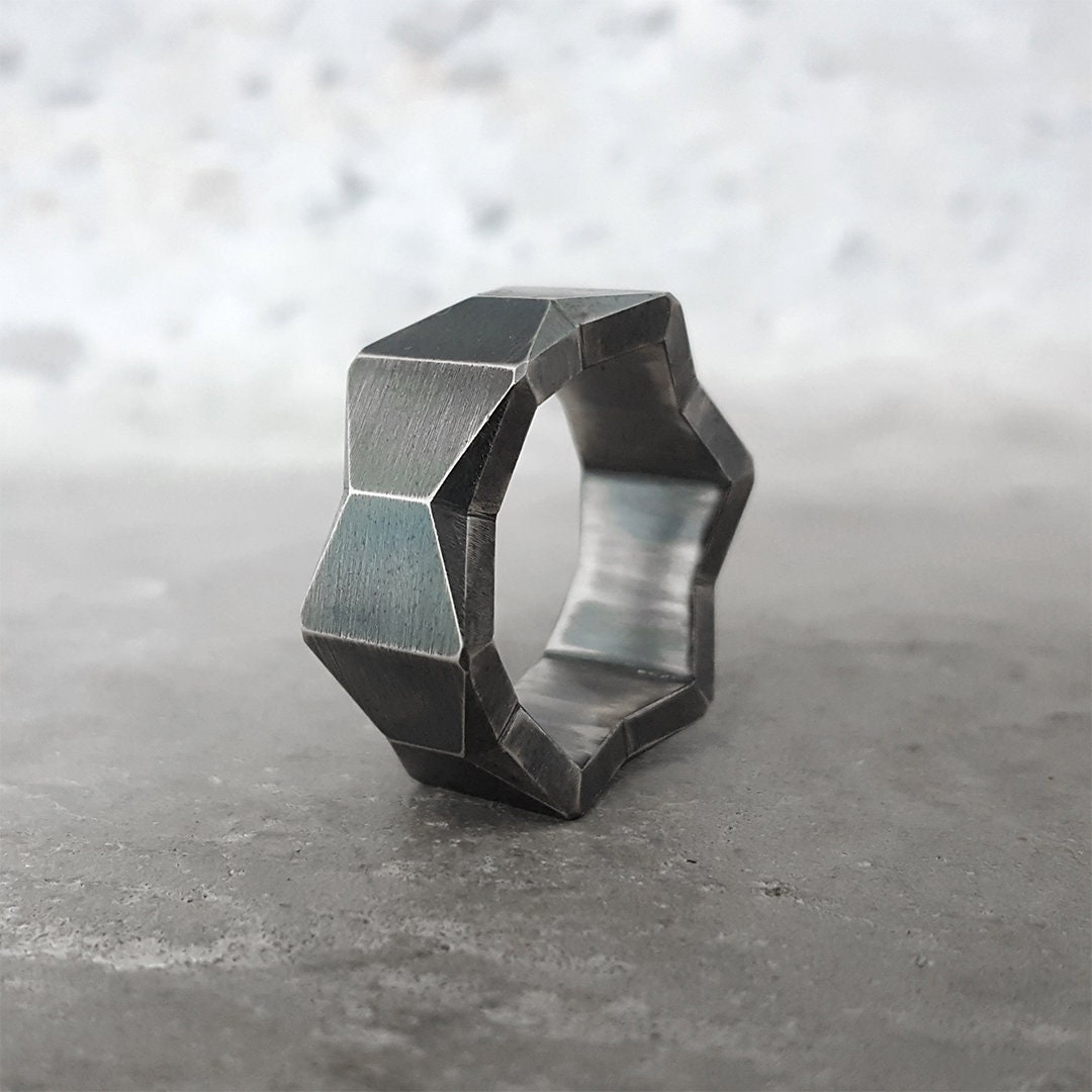 Cyber Ring, Cyberpunk Heavy Faceted Silver Band, Large Oxidized 11 Mm ...