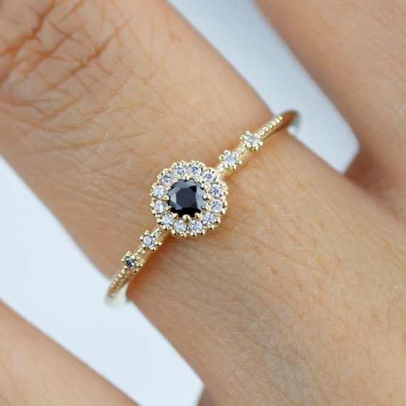 Simple Engagement Ring Diamond Halo Ring Unique Black | Etsy