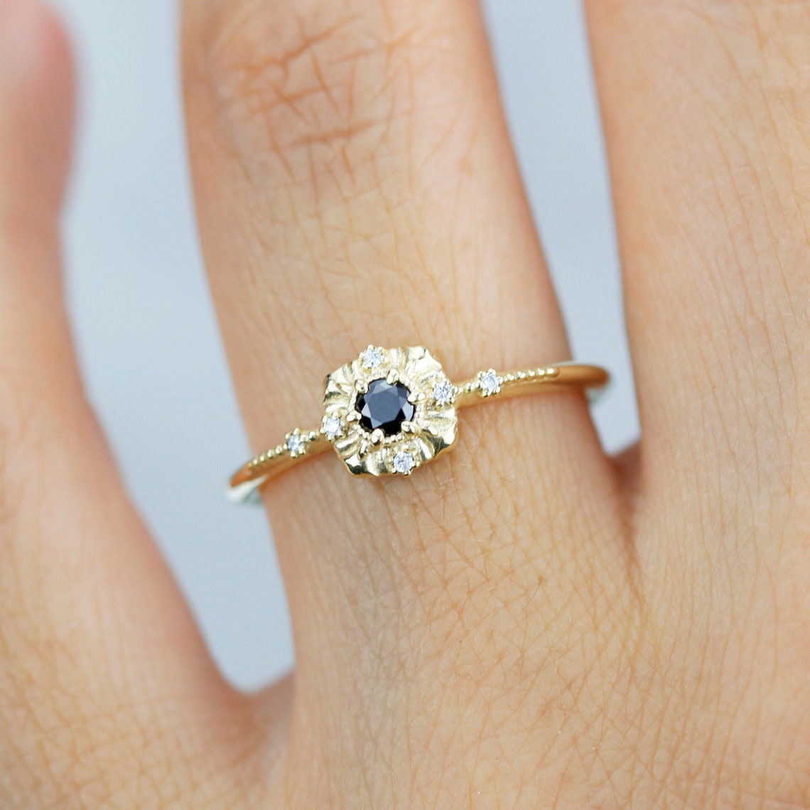 Unique round diamond engagement ring art deco Simple diamond | Etsy