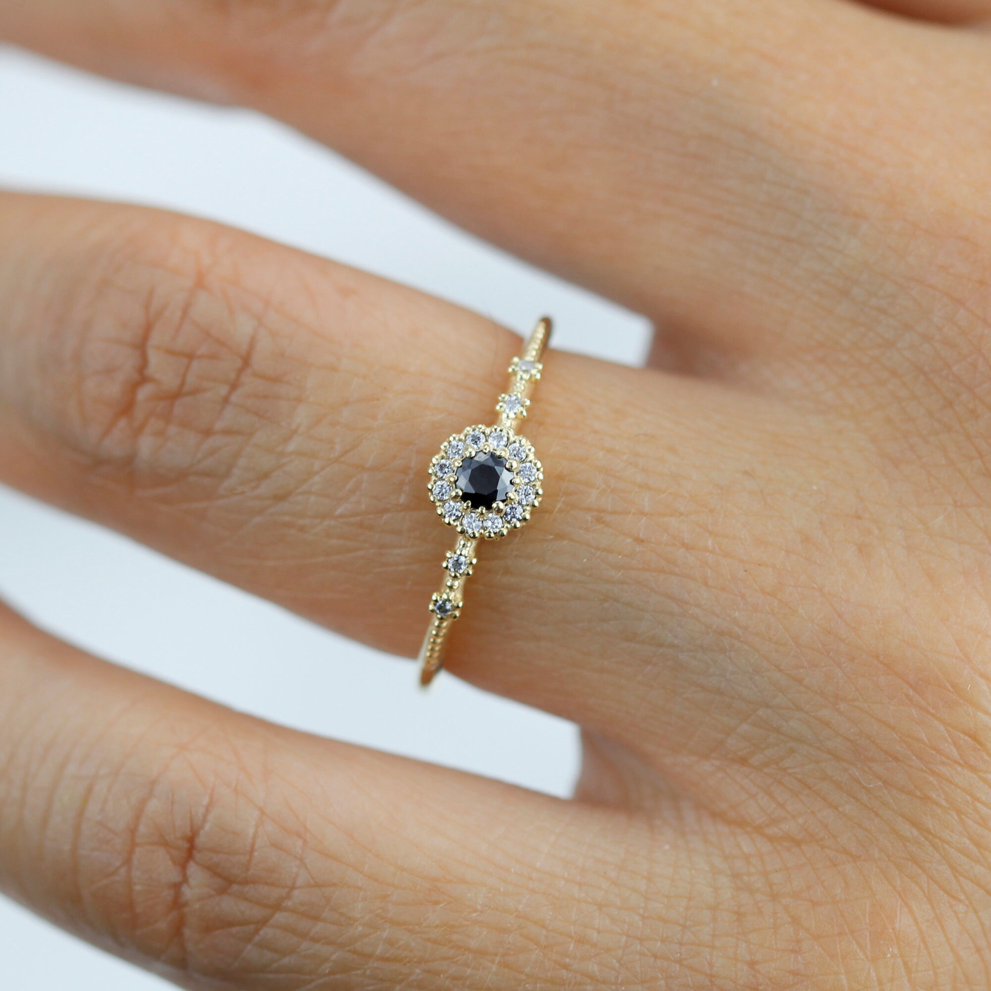 Simple Engagement Ring Diamond Halo Ring Unique Black | Etsy