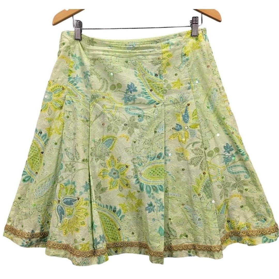 Vtg EXPRESS 90s Y2K Green Paisley Floral Flare Cotton Skirt Granny Core ...