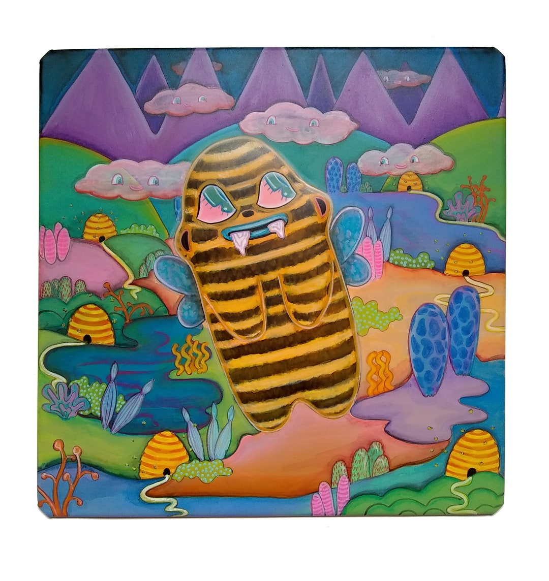 Bumblebear Dreams of Honey Valhalla, Original Cartoon Painting on Metal ...