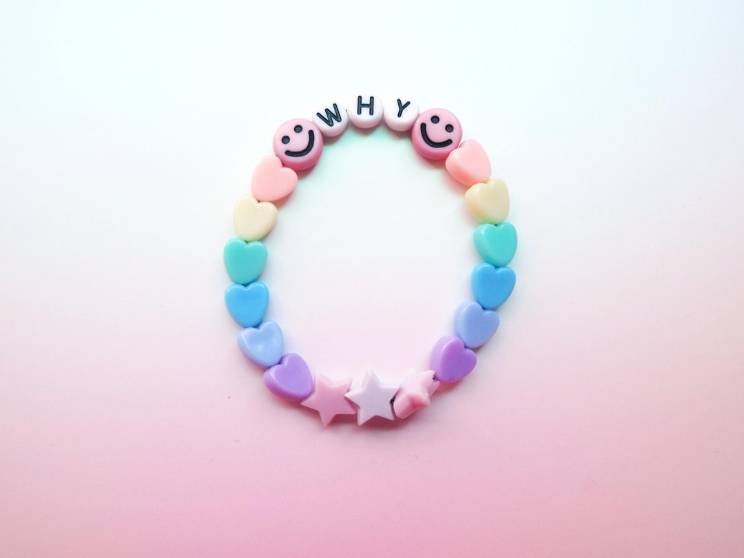 Why Bracelet Pastel Goth Smiley Face Rainbow Hearts Kandi Word Bracelet ...
