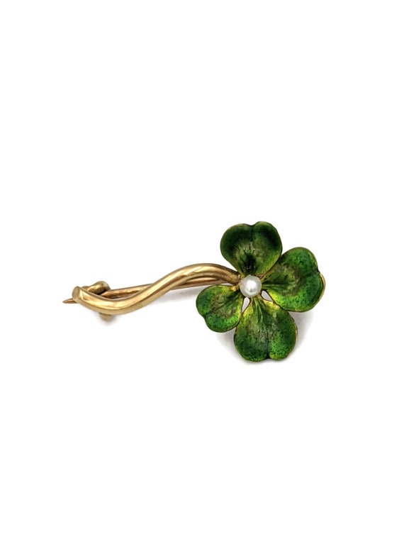 14K Gold Four-leaf Clover Brooch Green Enamel Good Lu… - Gem