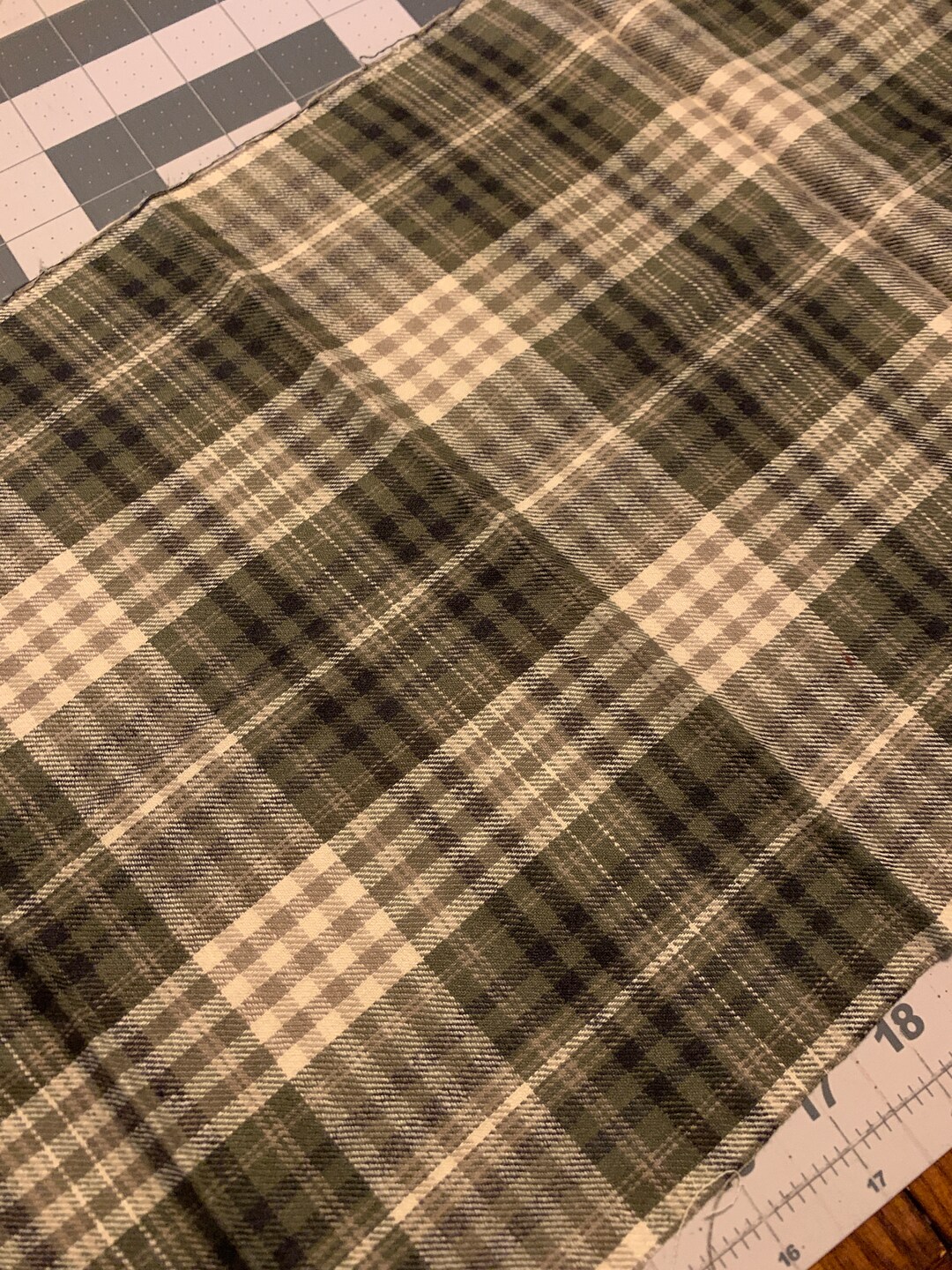 Green & Cream Plaid Flannel, Soft Lightweight Flannel Cotton Apparel ...