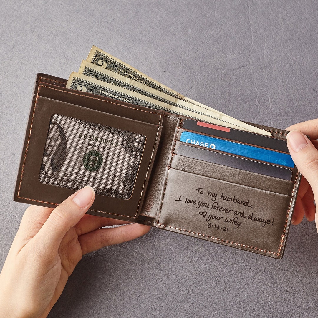 Handwriting Wallet for Him, Father's Day Gift for Him, Engraved Leather ...