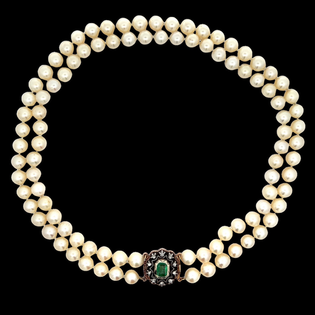 Antique Double Pearl Strand With Diamond and Emerald Clasp Necklace - Etsy