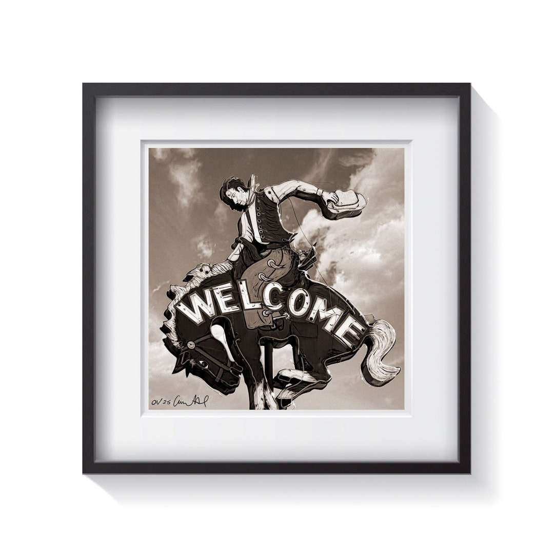 Cowboy Welcome - Black and White Vintage Americana Western Sign Framed ...