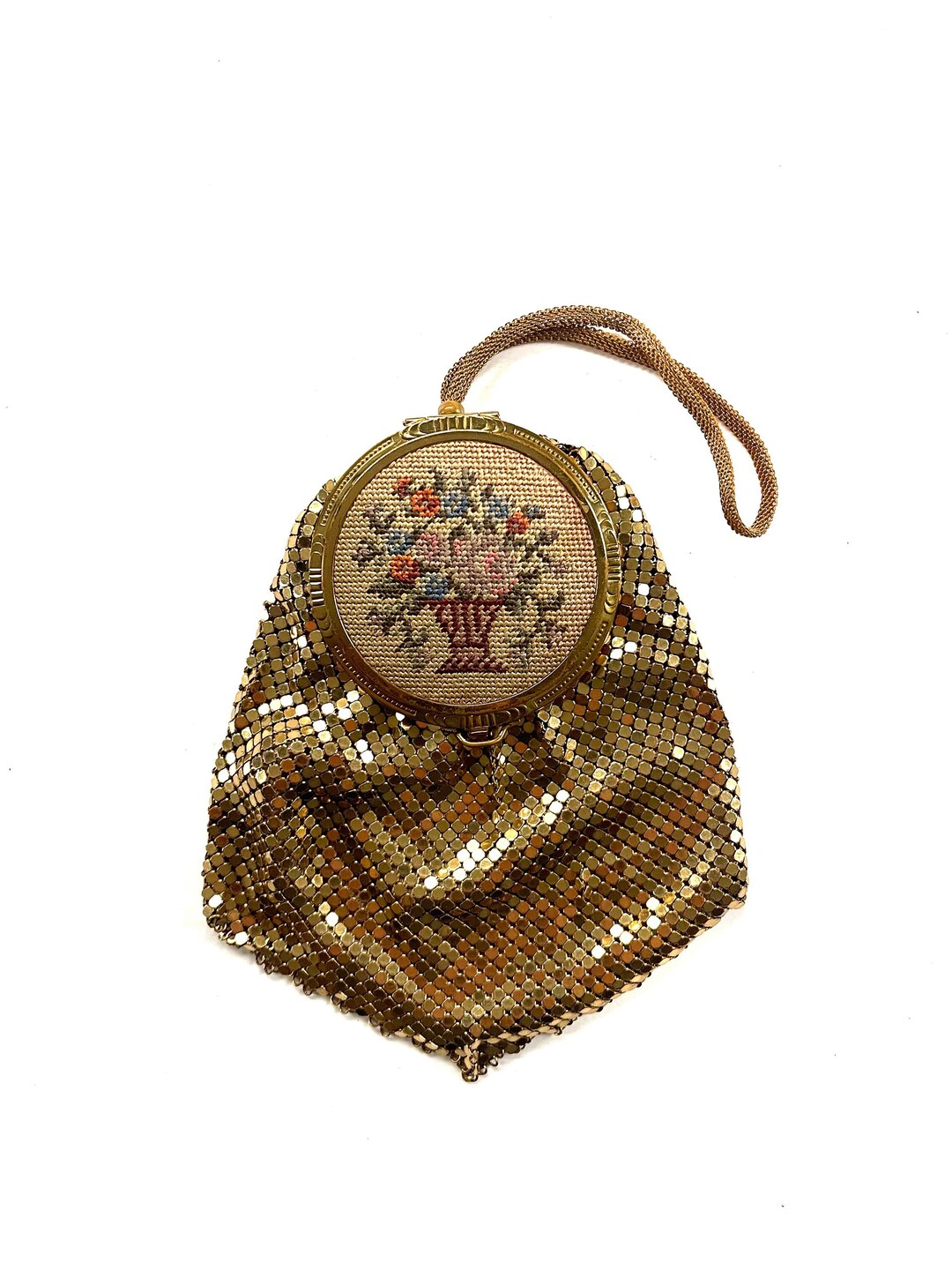 Vintage 1930s Evans Vanity Purse - Gold Mesh & Embroidered Wristlet ...