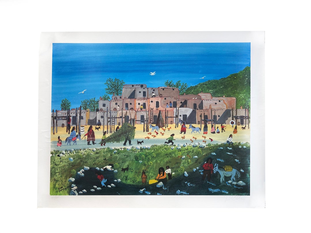 Vintage Taos Pueblo Village Lithograph Print by Jim Burns Mccloskey ...