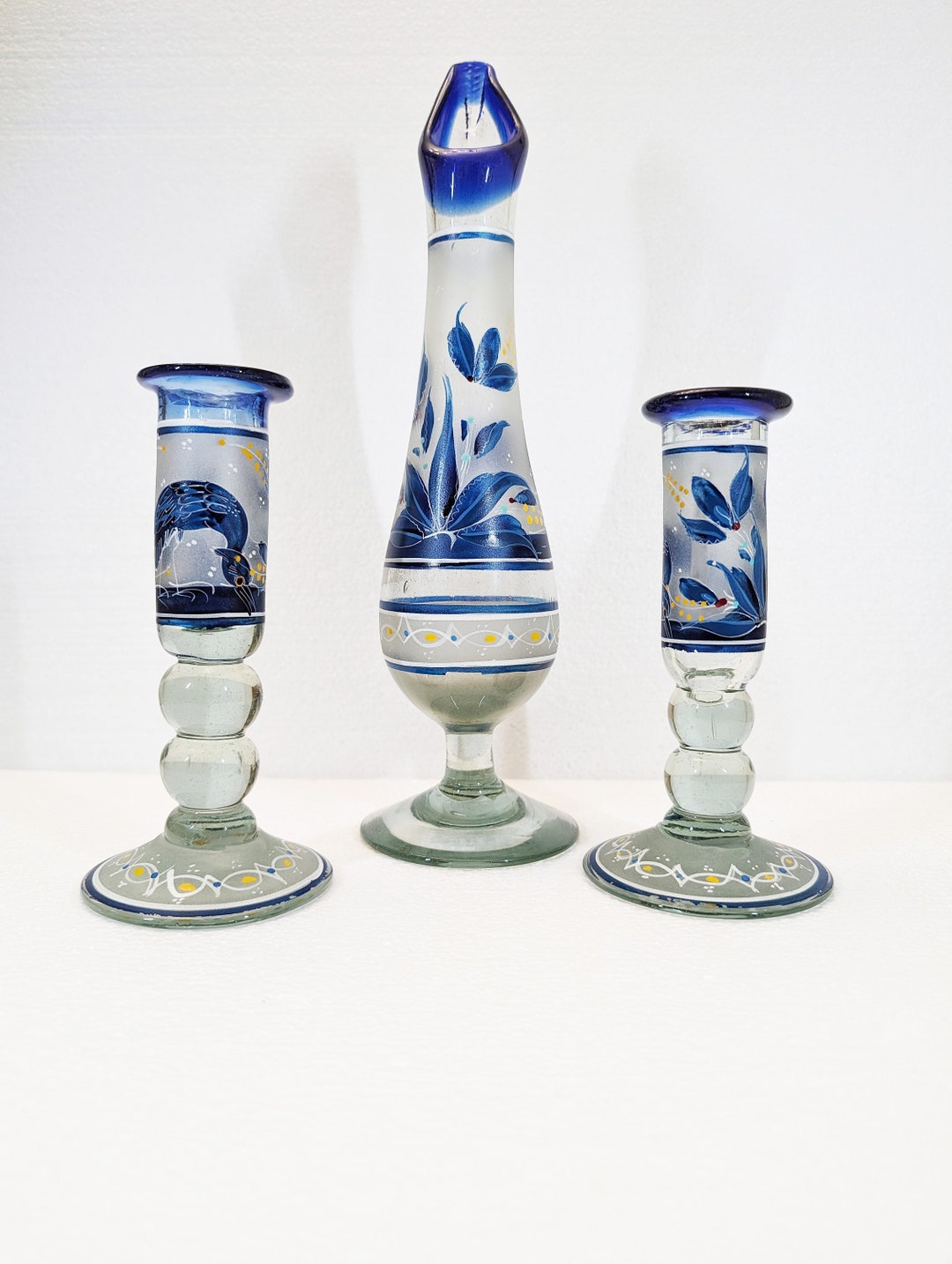 Hand Blown Mexican Tonala Glass Vase and Candlesticks: Floral Blue Bird ...