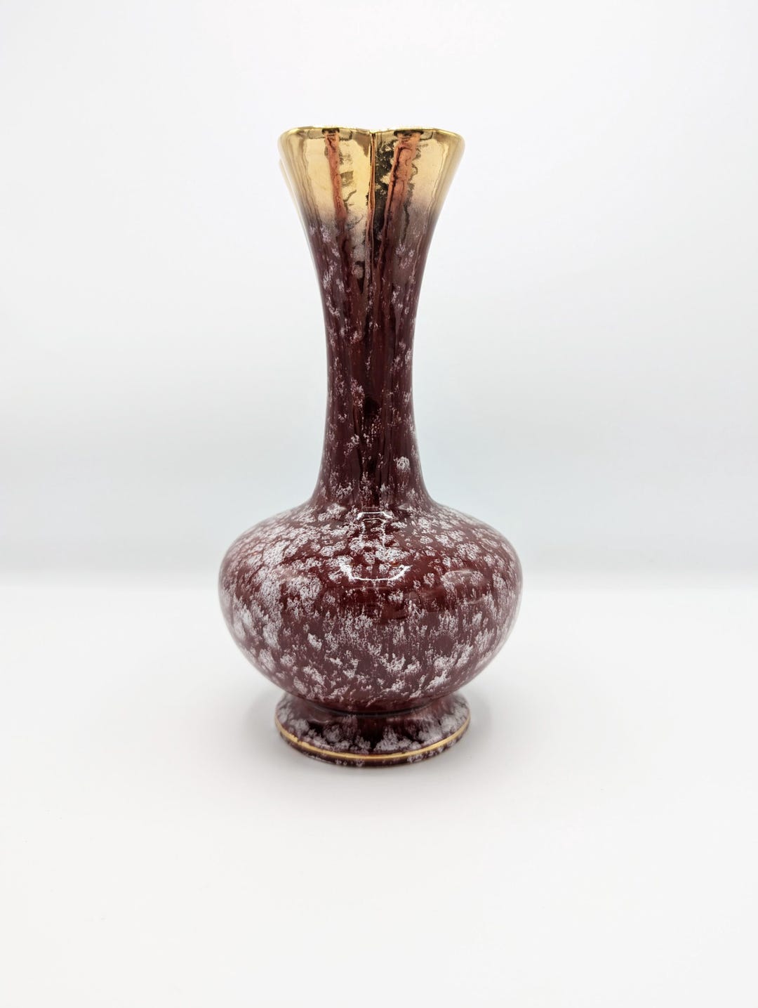 Antique Foreign Mottled Burgundy Pottery Vase, Gold Rimmed Top and ...