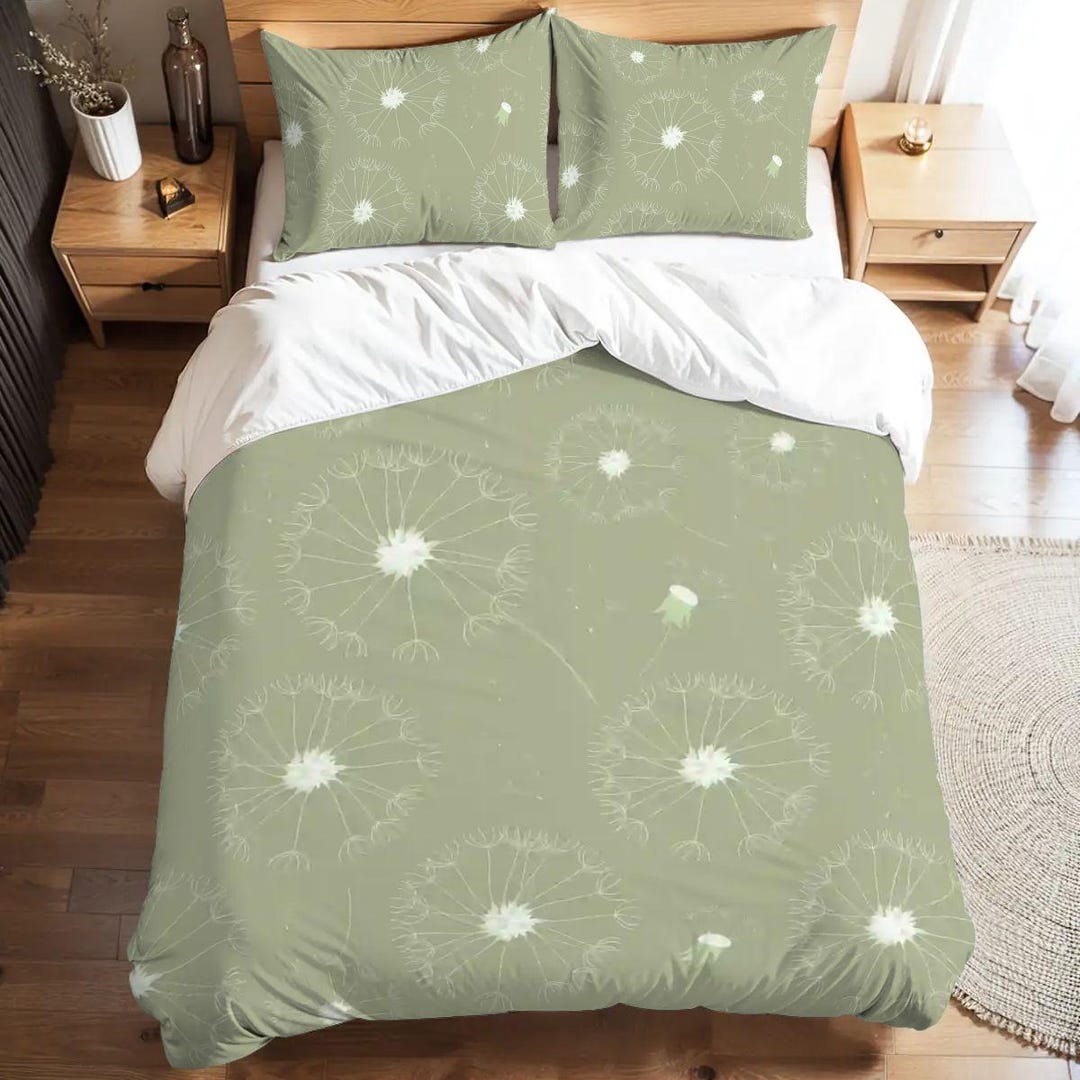 Vintage Dandelion Duvet Cover Set: Green & White Polyester Bedding (80 ...