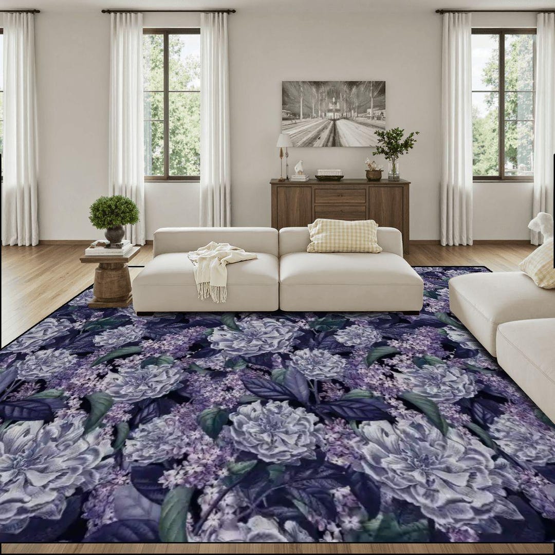 Blue Violet Hydrangea Rug: Floral Polyester Area Rug, Non-slip 12x9 Ft ...