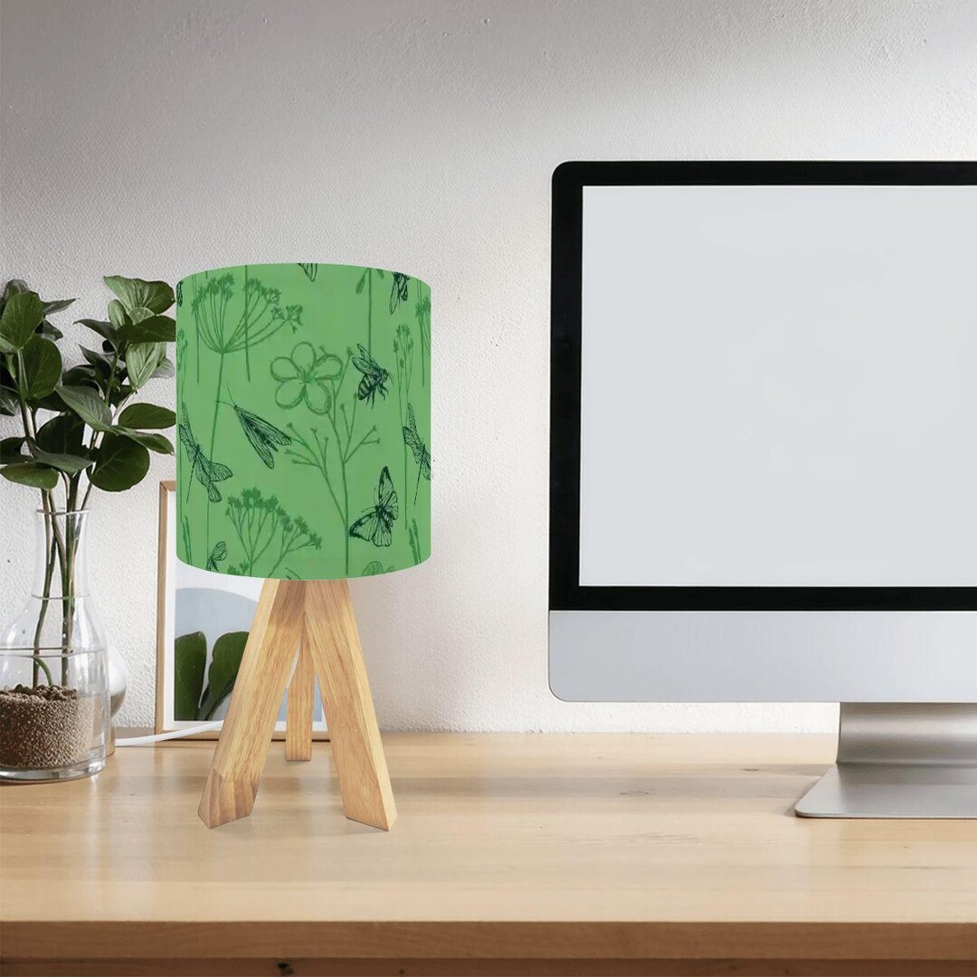 Tripod Retro Table LAMP GREEN BLACK Insects Plants, Bees Butterfly ...