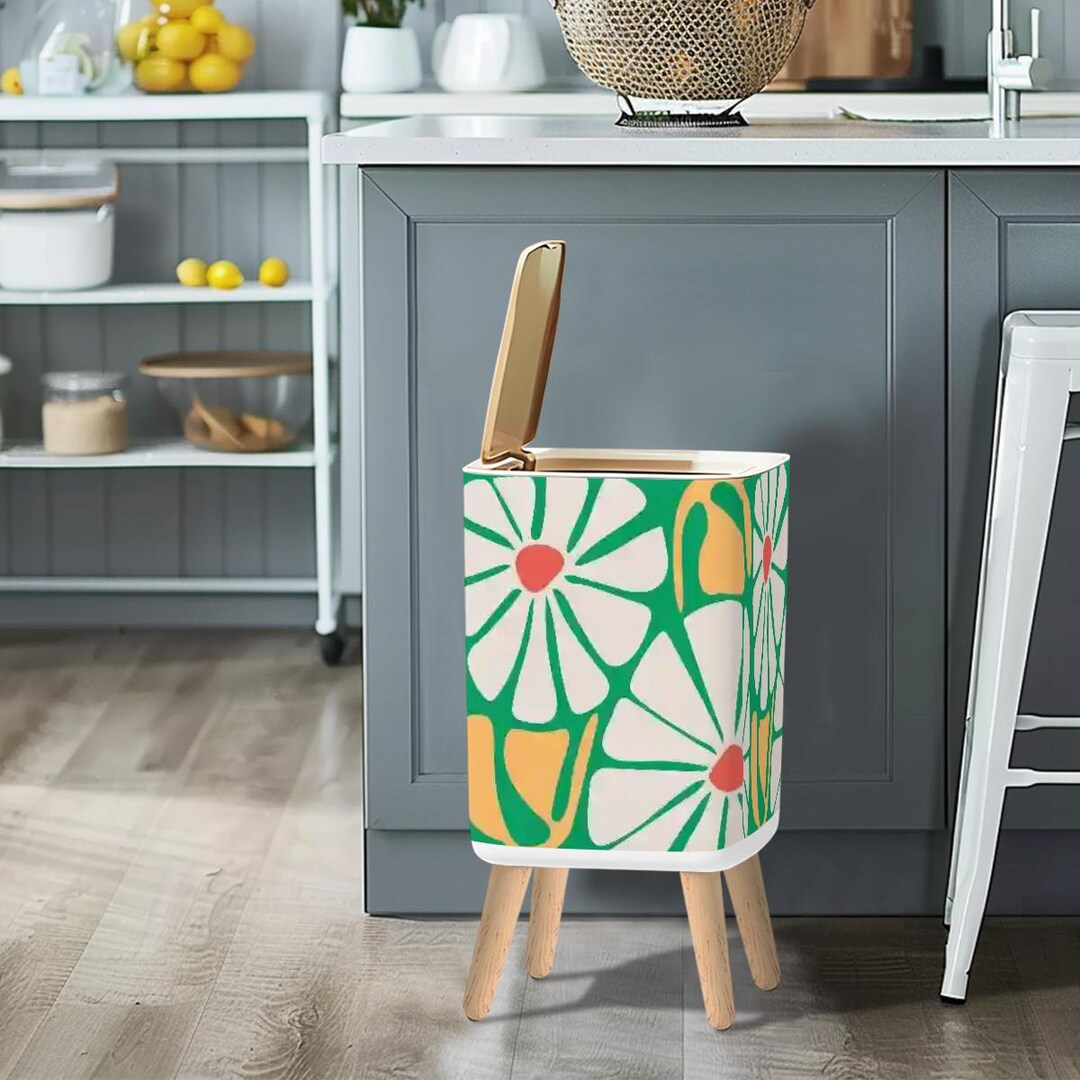 Retro Nordic Trash Can With Lid: Bold Floral Mid-century Modern Style ...
