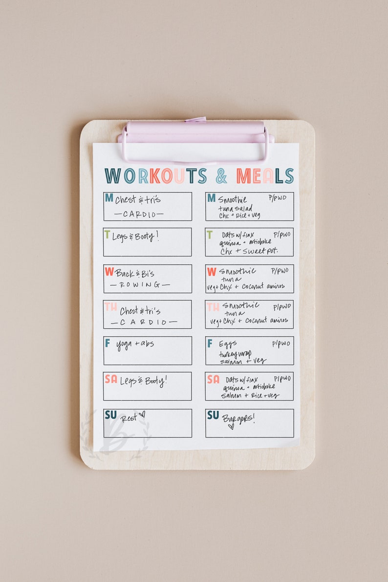 Weekly Meal and Workout Planner // Download Digital Printable - Etsy