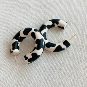 Cow Print Black & White Chunky Hoops Earrings, Handmade Lightweight ...