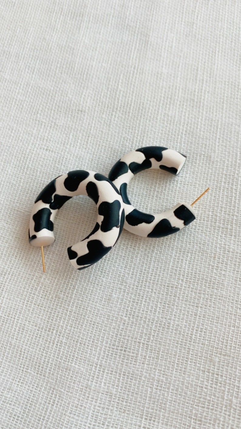 Cow Print Black & White Chunky Hoops Earrings Handmade - Etsy