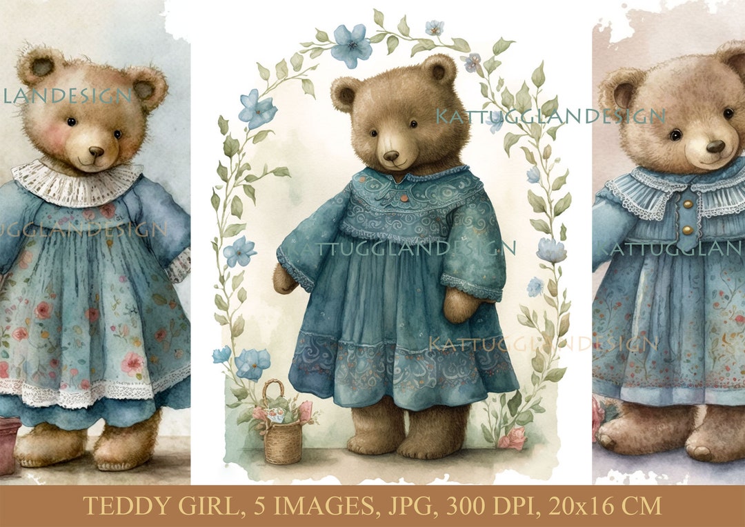 Teddy Girl in Blue Dress, Watercolor, Digital Download, Commersial Use ...
