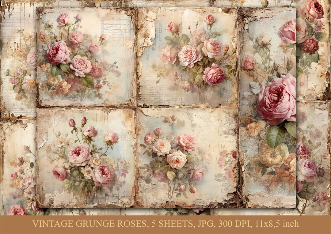 Vintage Grunge Roses, Digital Download, Junk Journal, Scrapbooking ...