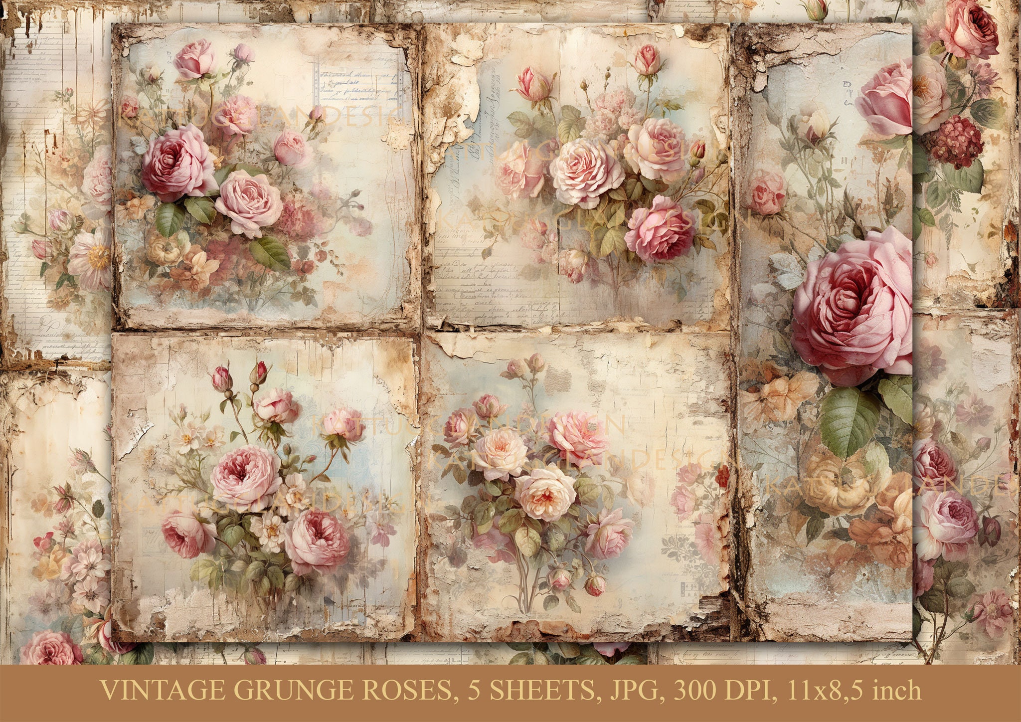 Vintage Grunge Roses, Digital Download, Junk Journal, Scrapbooking ...