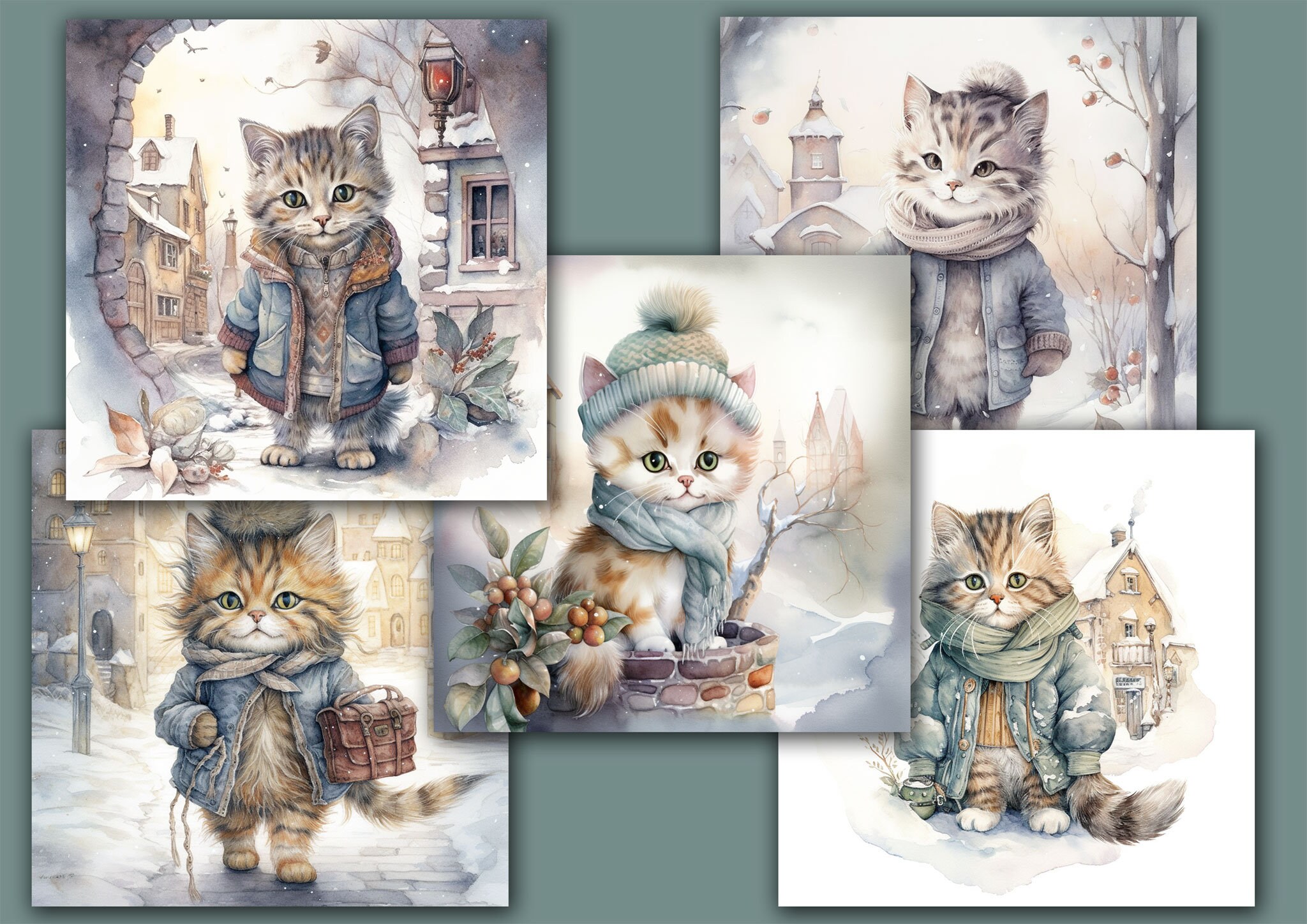 Cat Winter, Clipart, Watercolor, Digital Download, Commersial Use ...