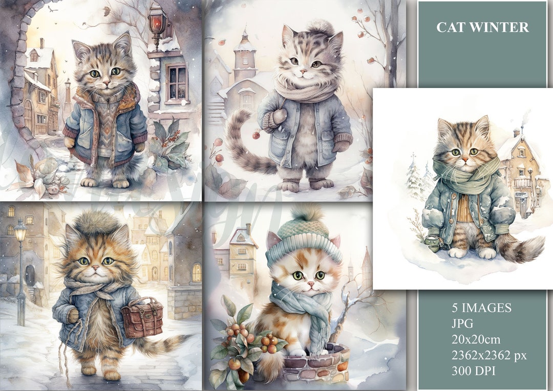 Cat Winter, Clipart, Watercolor, Digital Download, Commersial Use ...