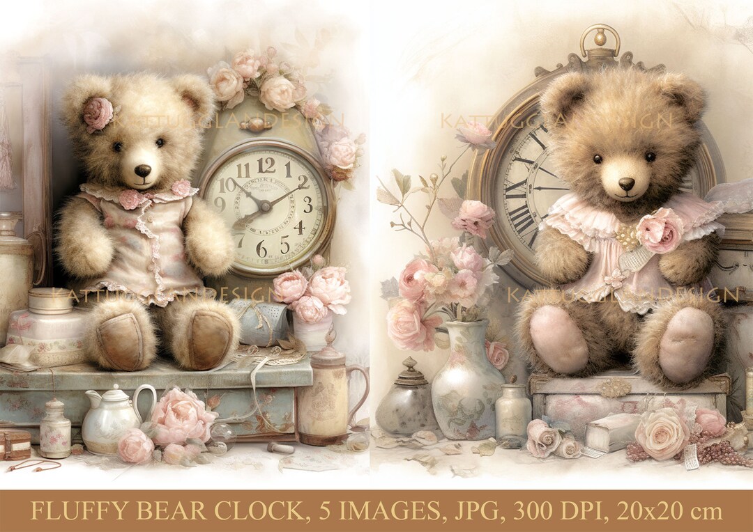Fluffy Bear Clock,, Digital Download, Commercial Use, Ephemera,junk ...