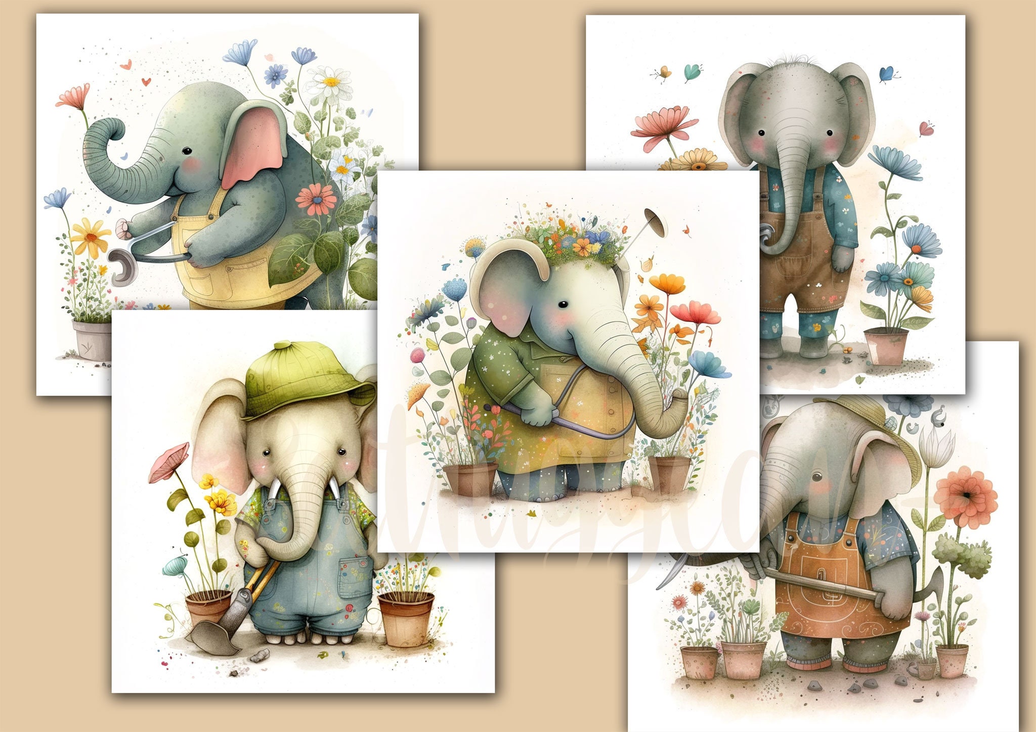 Elephant in Garden, Clipart, Digital Download, Watercolor, Scrapbooking ...