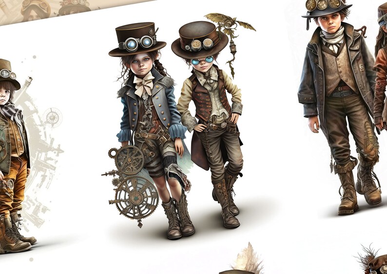 Steampunk Children, Watercolor, Digital Download, Kids Steampunk, Mixed ...