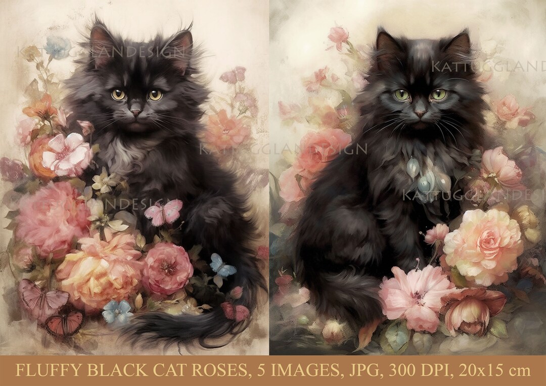Fluffy Black Cat Roses, Digital Download, Scrapbooking, Junk Journal ...