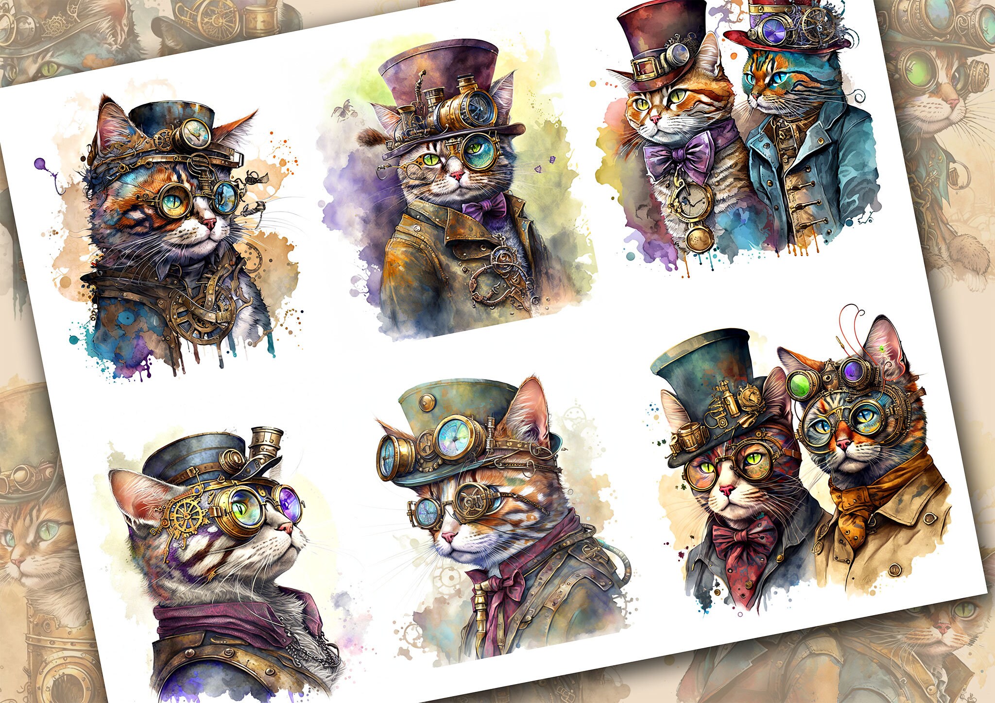 Steampunk Cats Color, Steampunk Printable, Digital Download, Commercial ...