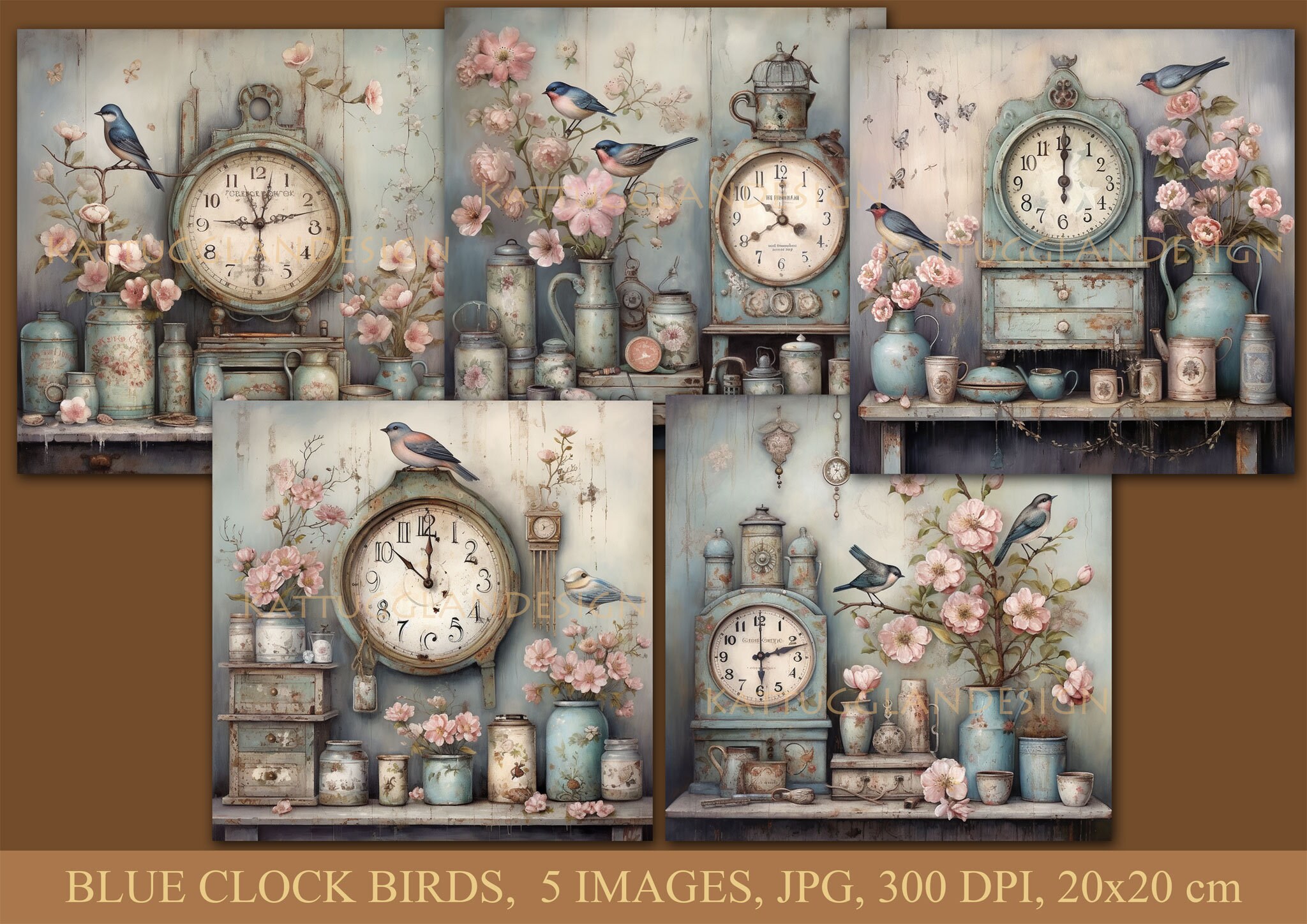 Blue Clock Birds, Digital Download, Commercial Use, Ephemera,junk ...