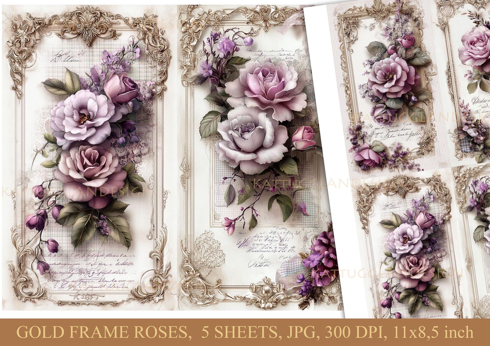 Gold Frame Roses,, Digital Download, Junk Journal, Scrapbooking, Clip ...