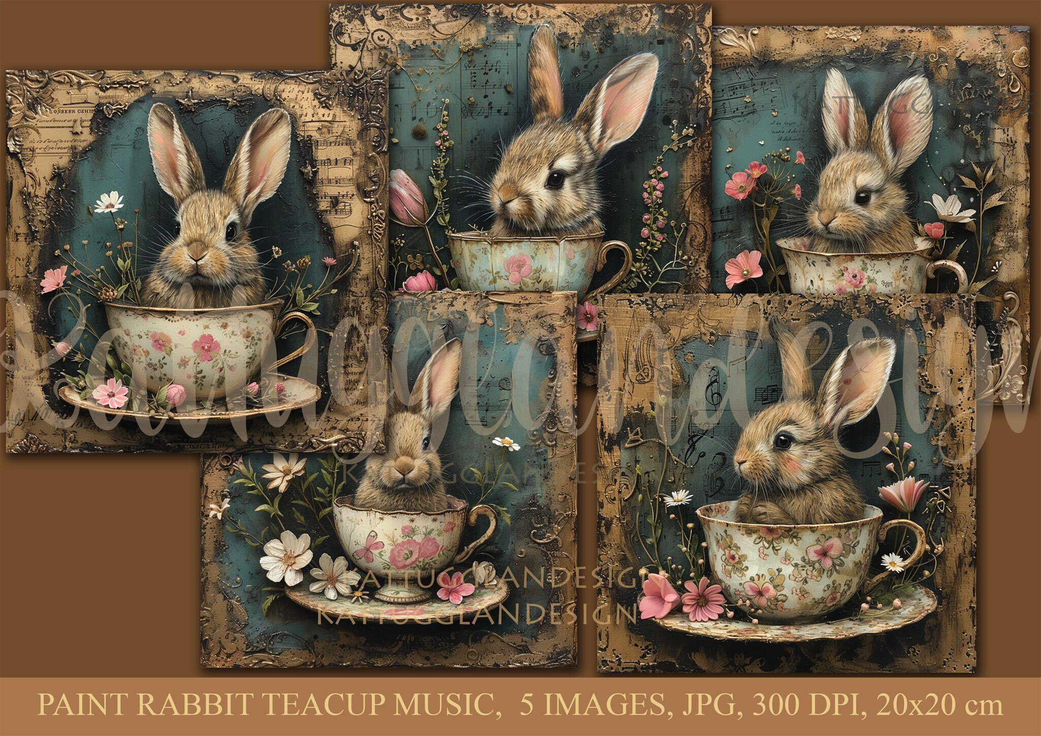 Paint Rabbit Teacup Music, Digital Download, Junk Journal, Scrapbooking ...