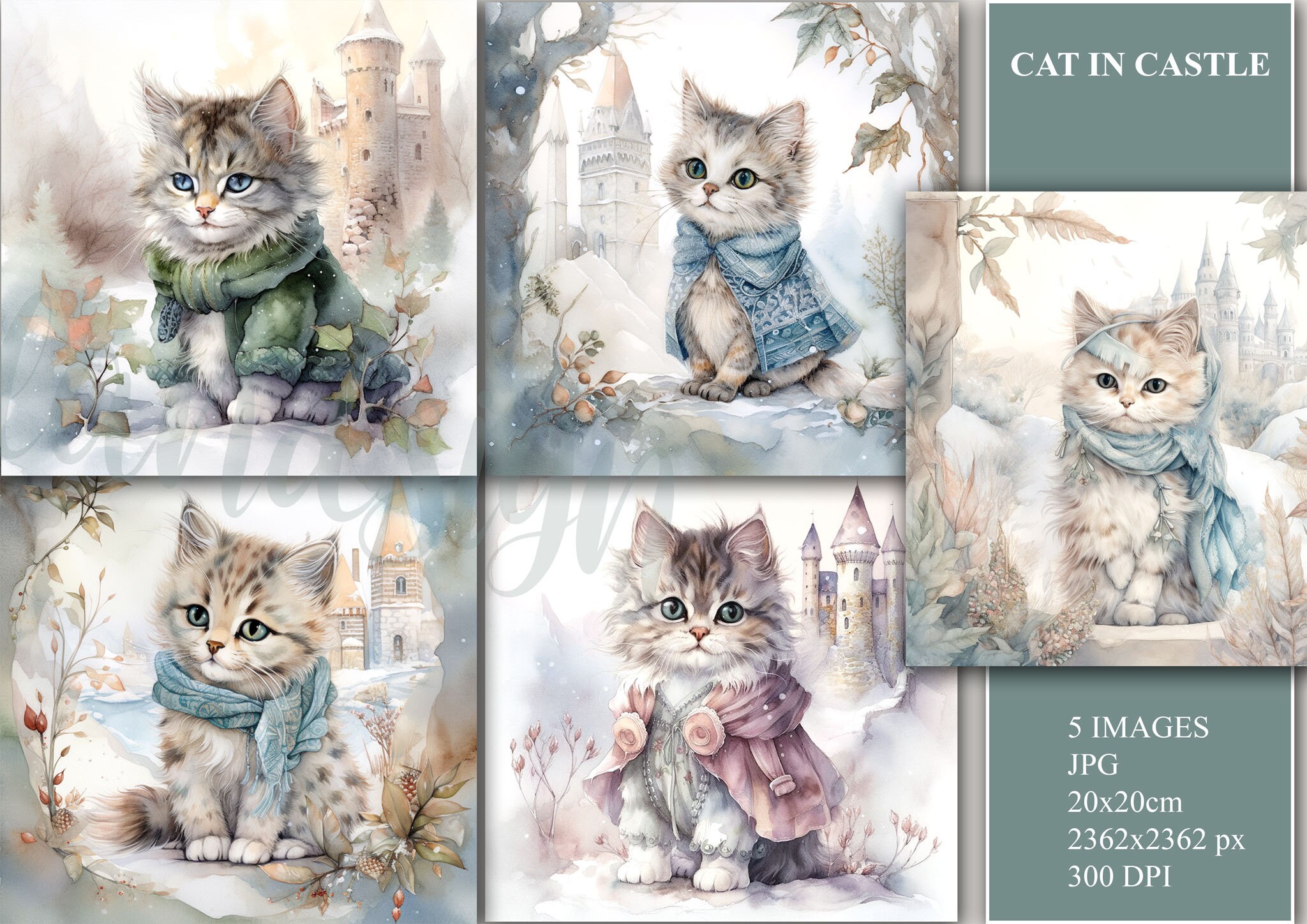 Cat in Castle, Clipart, Watercolor, Digital Download, Commersial Use ...