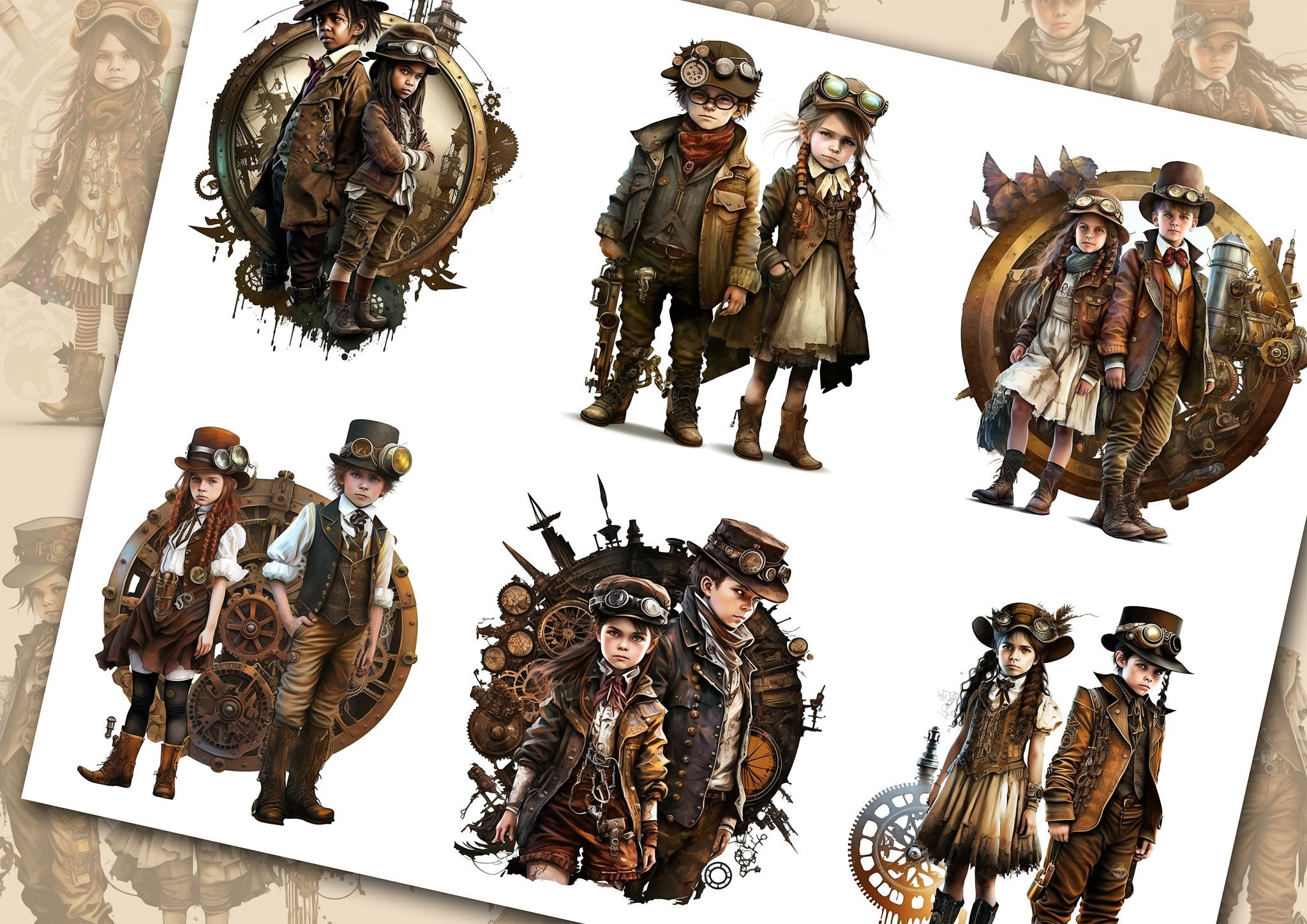 Steampunk Children, Watercolor, Digital Download, Kids Steampunk, Mixed ...