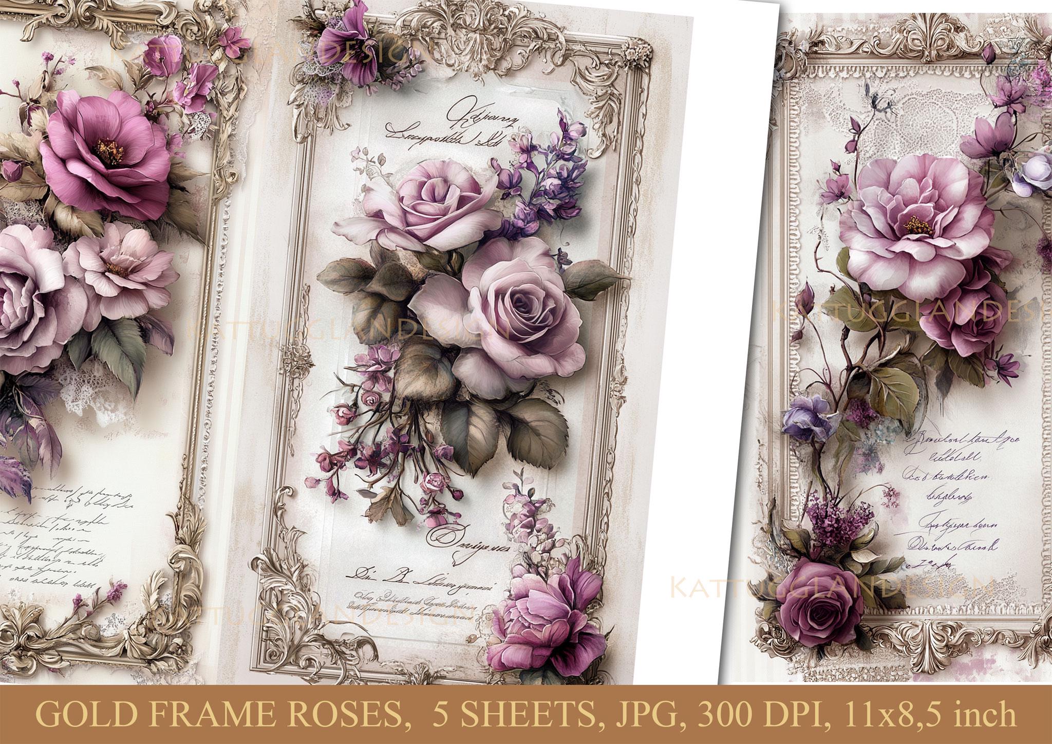 Gold Frame Roses,, Digital Download, Junk Journal, Scrapbooking, Clip ...