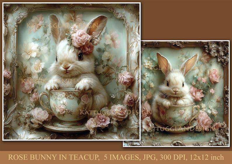 Rose Bunny in Teacup, Digital Download, Junk Journal, Scrapbooking ...