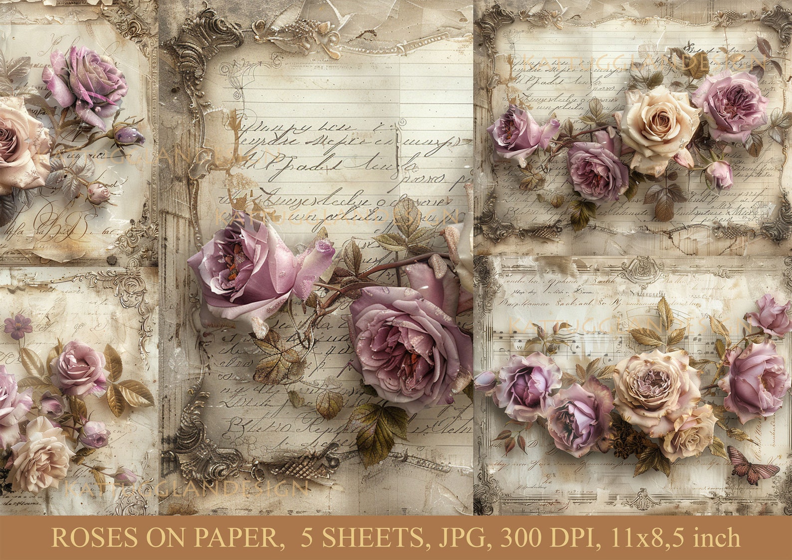 Roses on Paper, Digital Download, Commercial Use, Scrapbooking, Junk ...