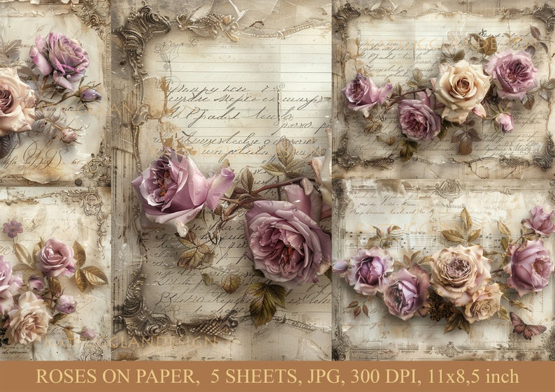 Roses on Paper, Digital Download, Commercial Use, Scrapbooking, Junk ...