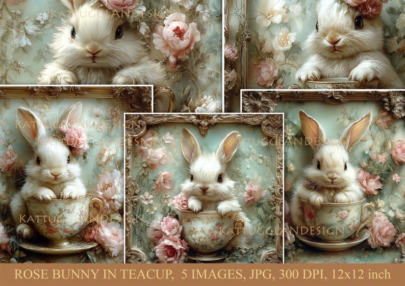 Rose Bunny in Teacup, Digital Download, Junk Journal, Scrapbooking ...