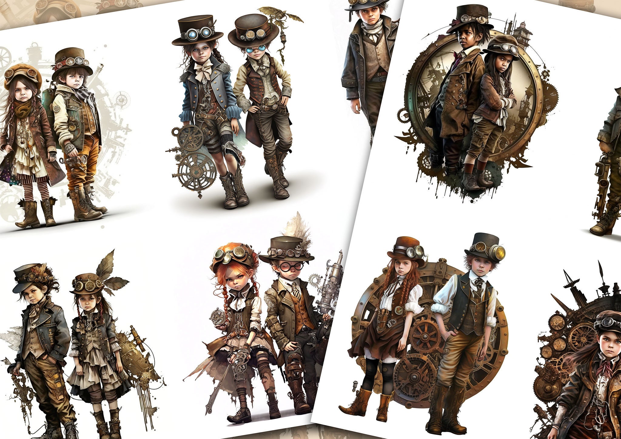 Steampunk Children, Watercolor, Digital Download, Kids Steampunk, Mixed ...