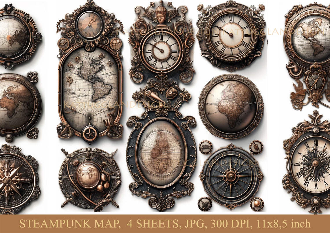 Steampunk Map, Digital Download, Junk Journal, Scrapbooking, Clip Art ...