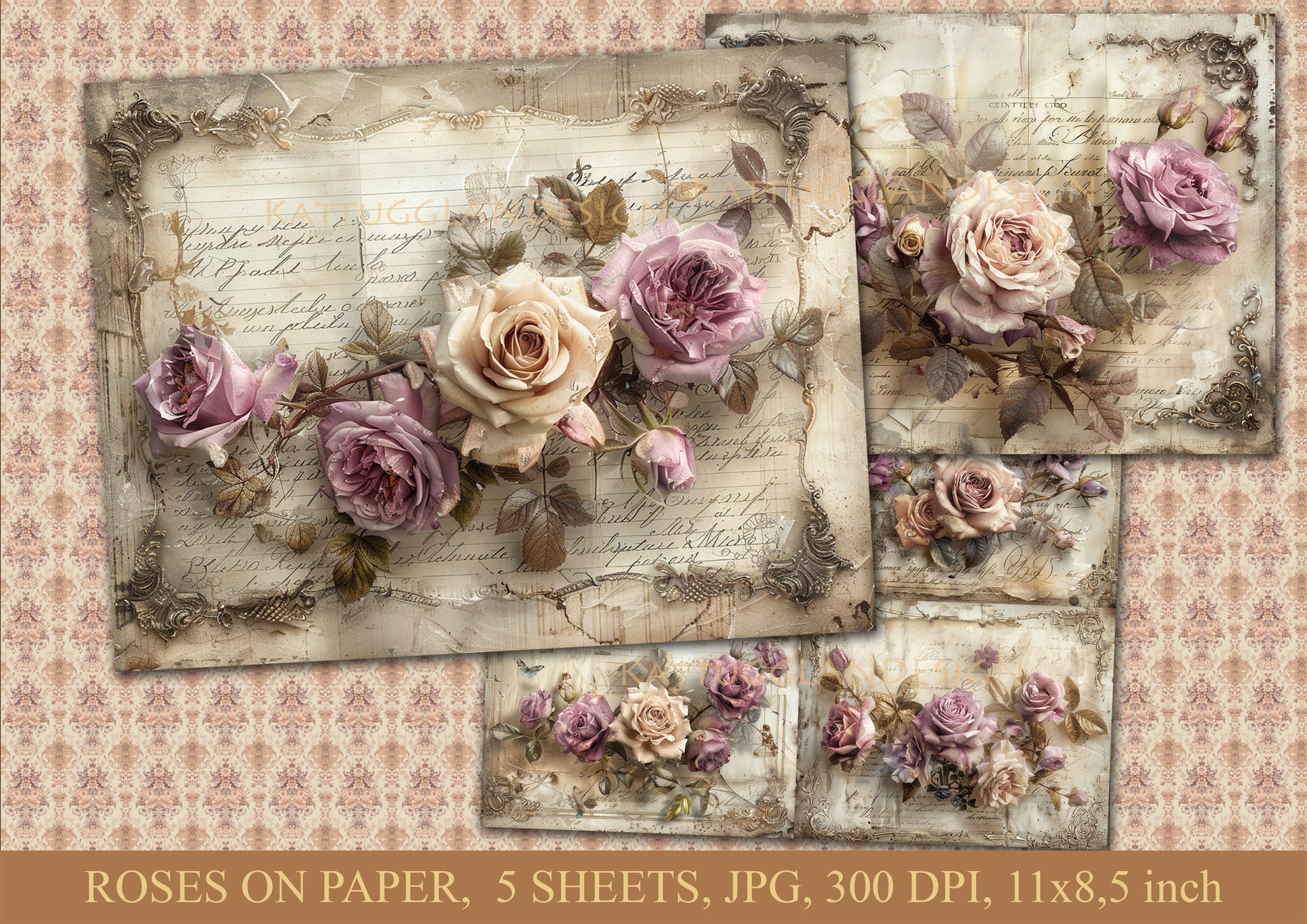 Roses on Paper, Digital Download, Commercial Use, Scrapbooking, Junk ...