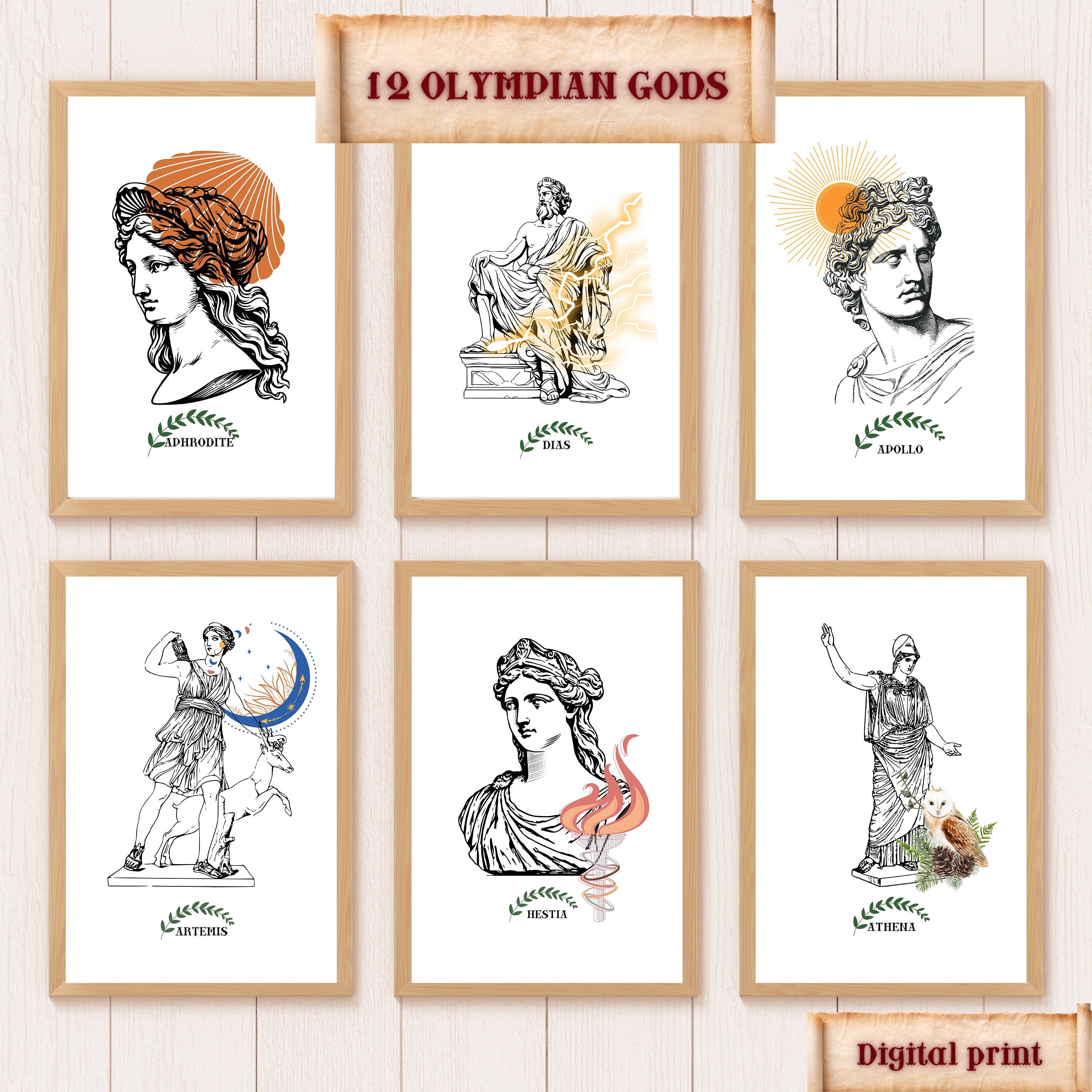 12 Olympian Gods Wall Art Set, Greek Mythology Aesthetic, Hellenic Home ...